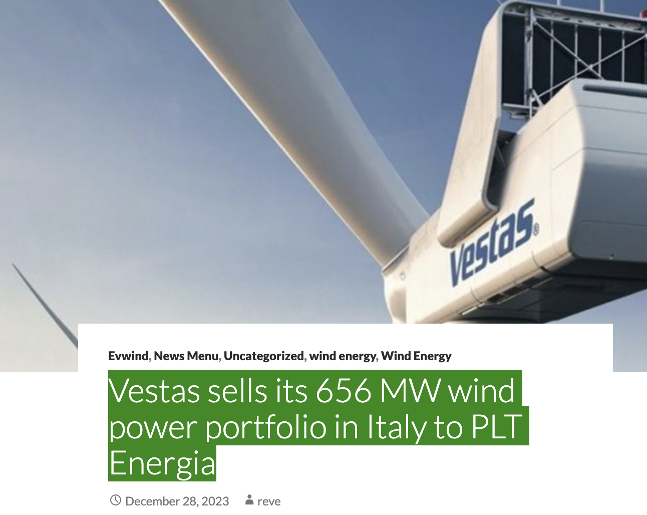 Vestas sells its 656 MW wind power portfolio in Italy to PLT Energia ...