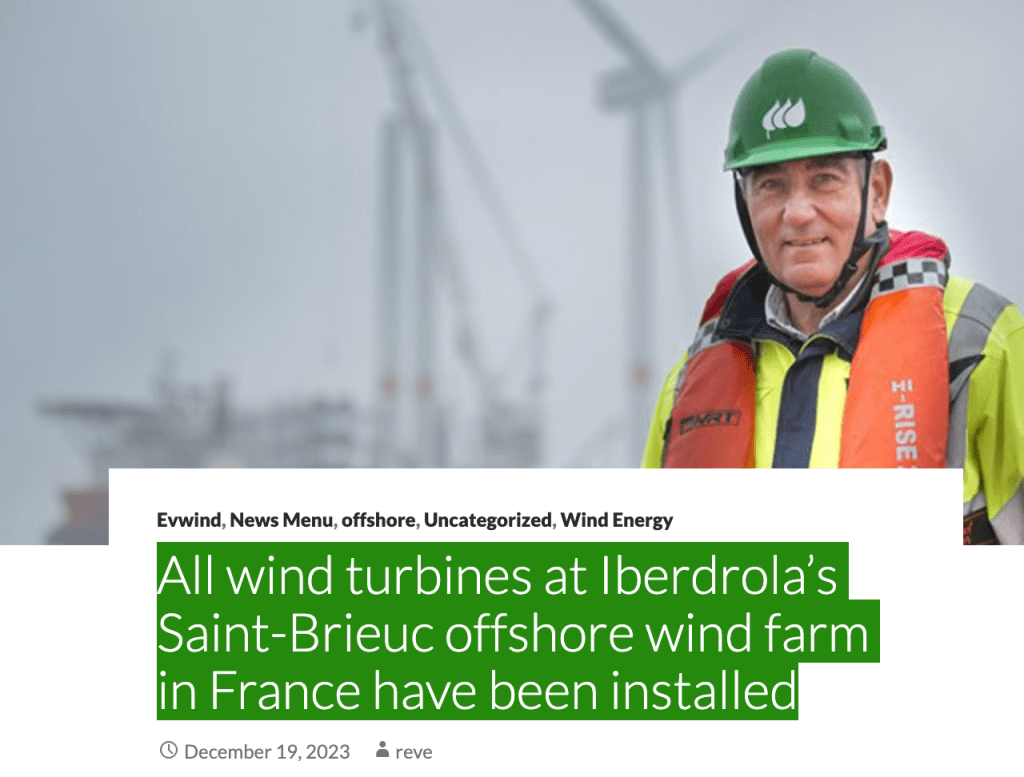 All wind turbines at Iberdrola’s Saint-Brieuc offshore wind farm in ...