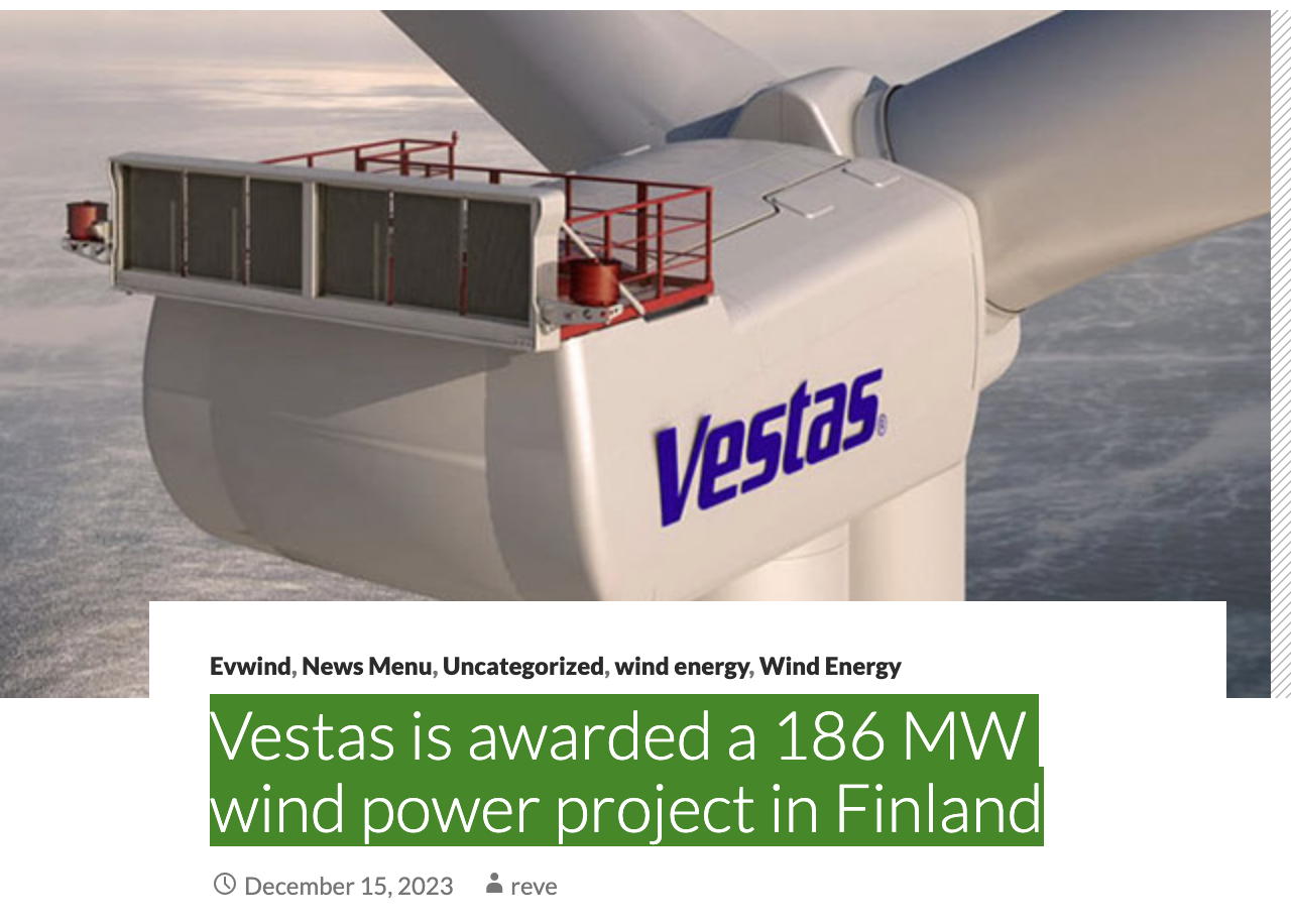 Vestas is awarded a 186 MW wind power project in Finland | Solar Now