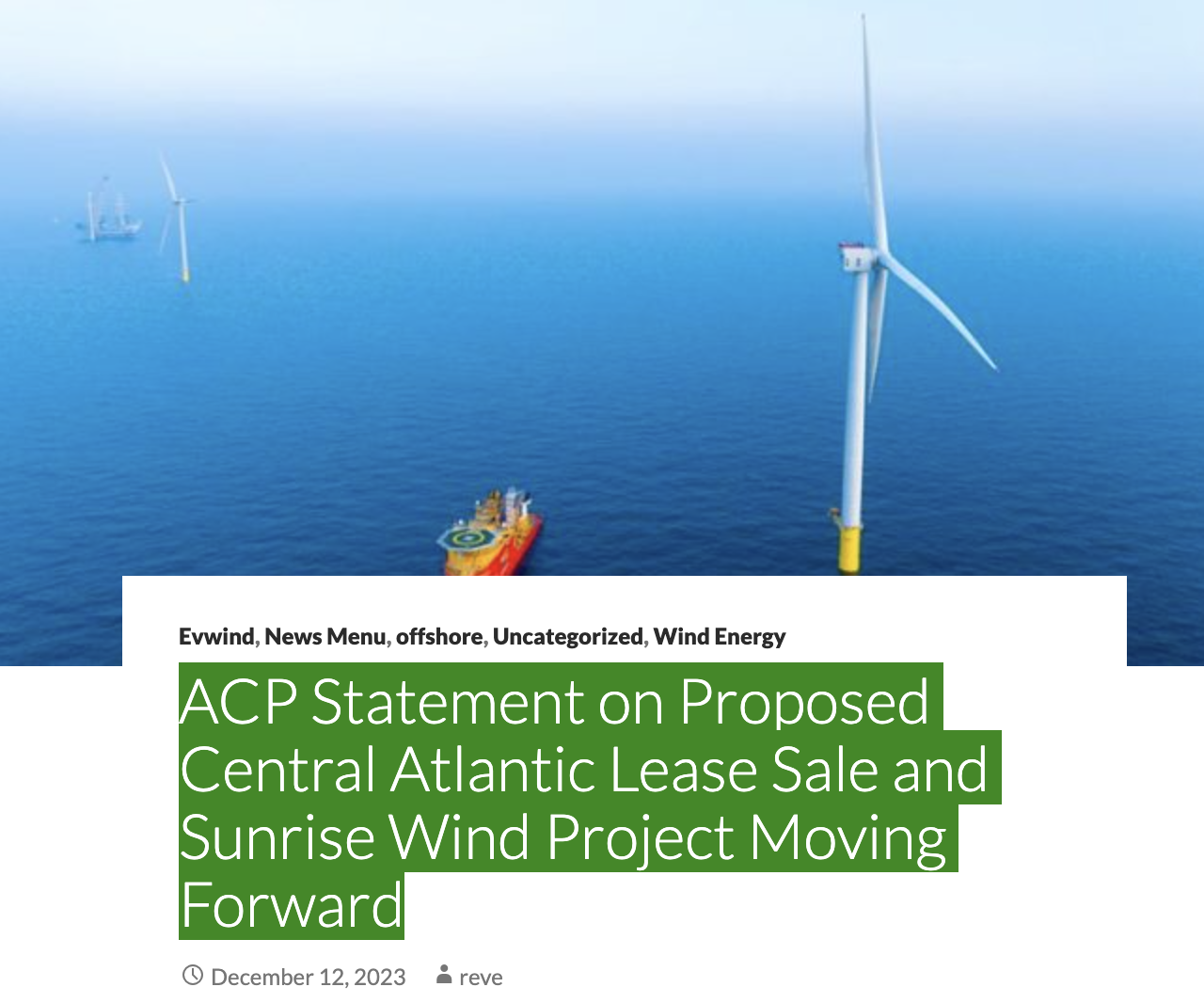 ACP Statement on Proposed Central Atlantic Lease Sale and Sunrise Wind ...
