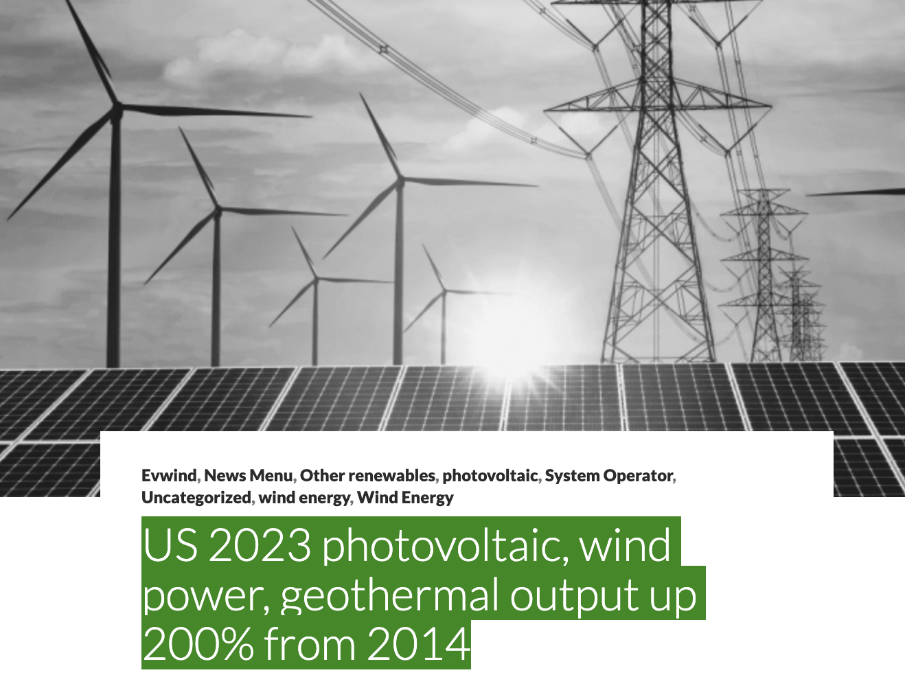 US 2023 photovoltaic, wind power, geothermal output up 200% from 2014 ...