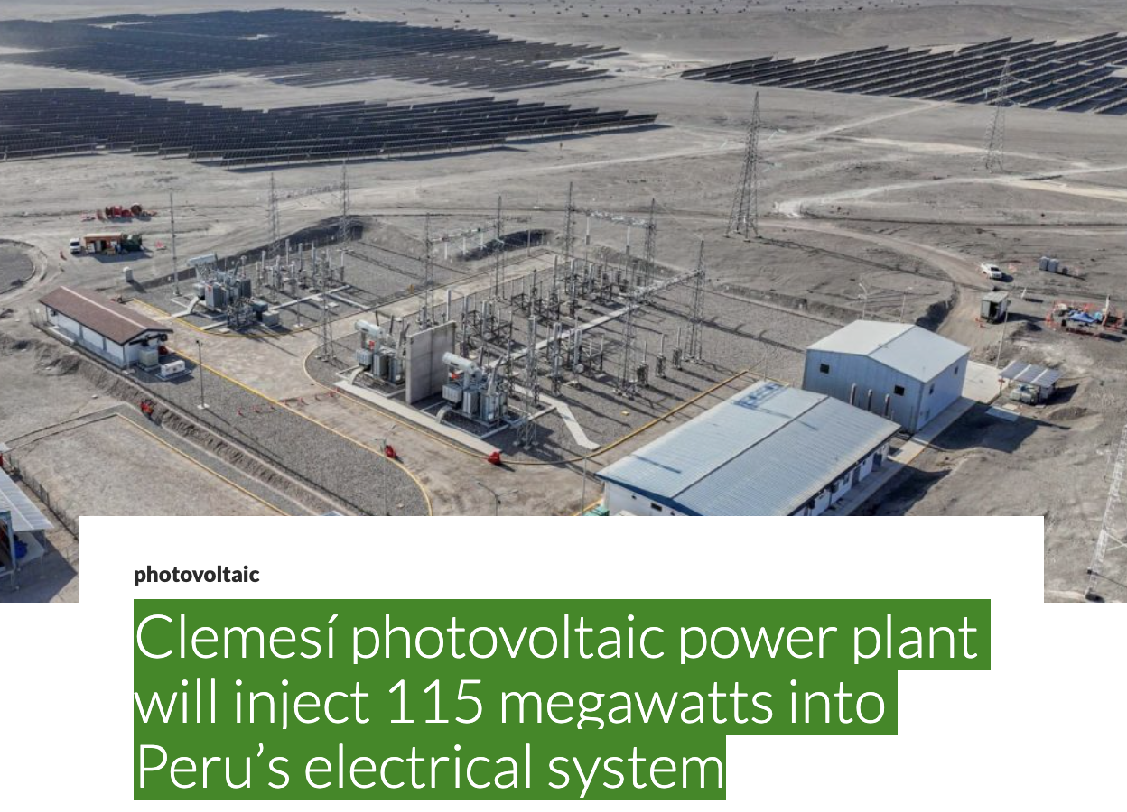 Clemesí photovoltaic power plant will inject 115 megawatts into Peru’s ...